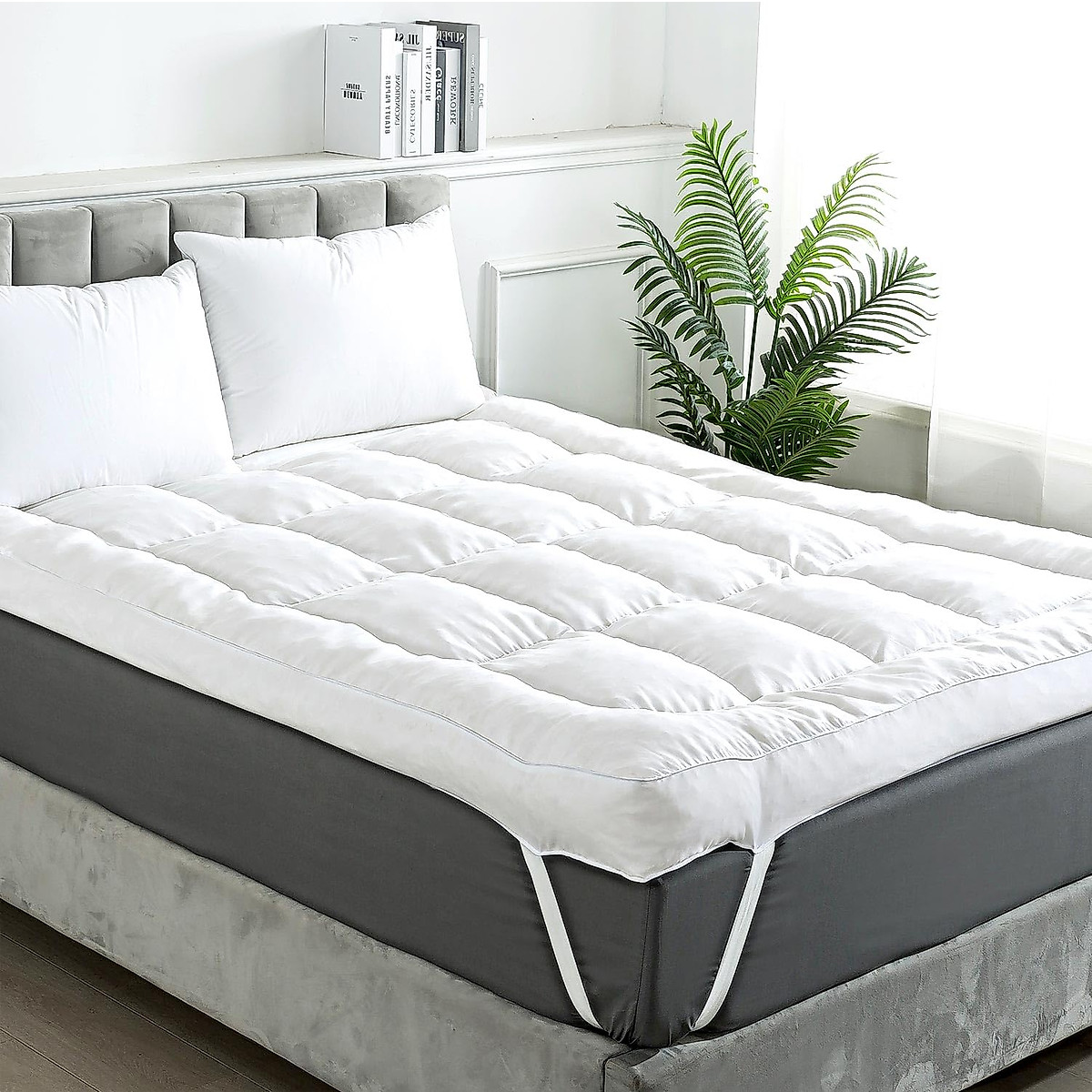 WhatsBedding 5 Inch Memory Foam Mattress Topper Queen Size, 100% Cotton Cover Breathable Fluffy Shredded Memory Foam Filled Pillow Top, Anti-Slip Bottom, 4 Anchor Elastic Bands, 80x60x5 Inch