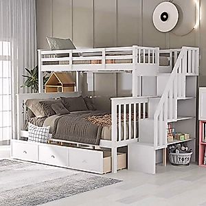 MERITLINE Twin Over Full Bunk Bed with Stairs, Wood Bunk Bed Frame with Storage Drawers and Shelves, No Box Spring Needed, White