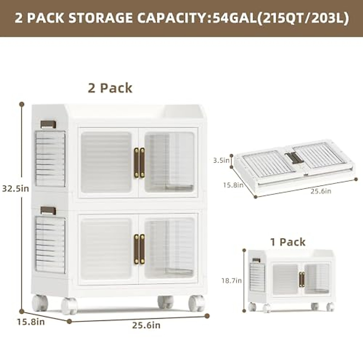 ECOWEEPUT Storage Bins with Lids-54 Gal Stackable Storage Containers, Foldable Storage Cabinet, Collapsible Storage Box with Wheels, Plastic Closet Organizers for Home Storage (2 Pack)
