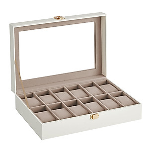 SONGMICS Watch Box, 12-Slot Watch Case with Large Glass Lid, Removable Watch Pillows, Watch Box Organizer, Gift for Loved Ones, Cloud White Synthetic Leather, Cappuccino Beige Lining UJWB120W01