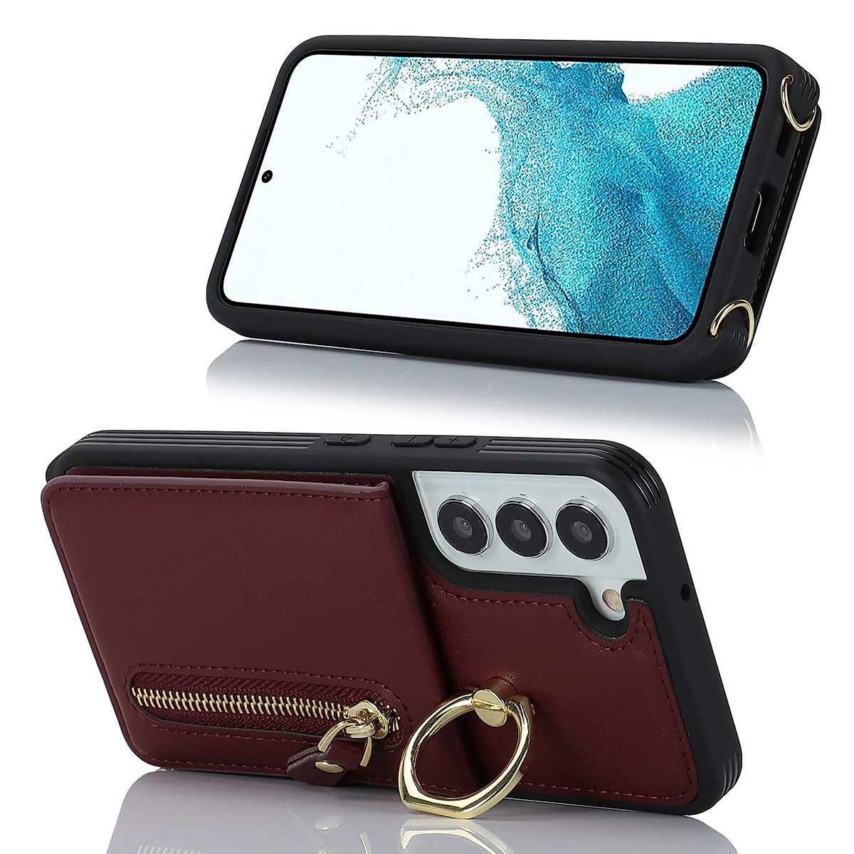 Jaorty for Samsung Galaxy S22 5G Phone Case for Women with Card Holder,Galaxy S22 Case Wallet Crossbody Lanyard with Strap,Credit Card Slots Kickstand Case with Ring Holder,6.1 Inch,Burgundy