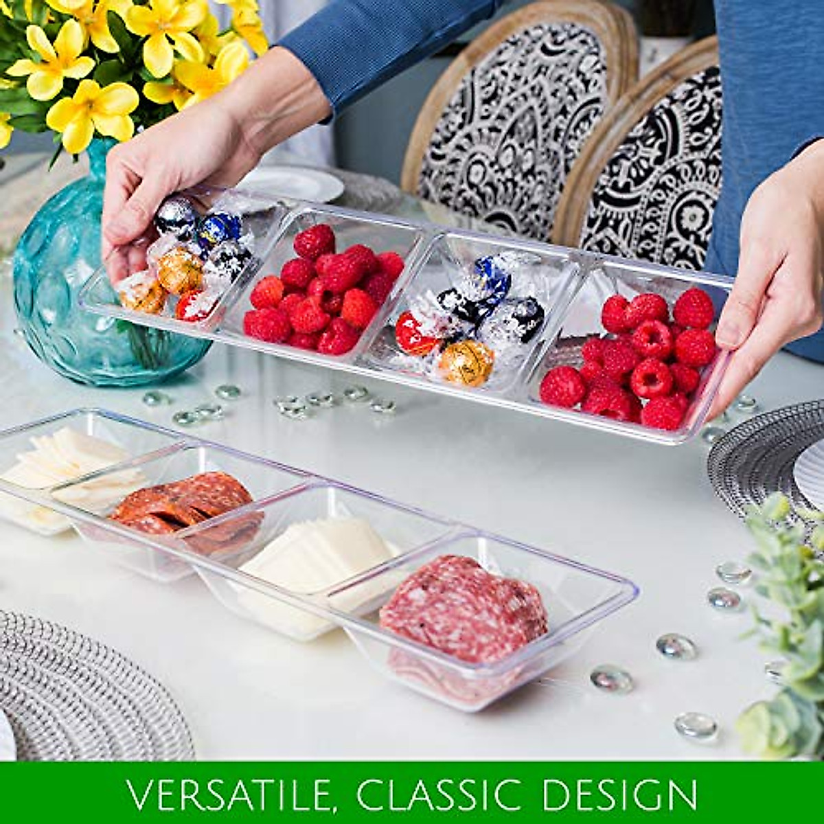 Plasticpro 4 Sectional Rectangle Plastic Disposable Serving Tray/Platter 5 X 16 Clear Pack of 2