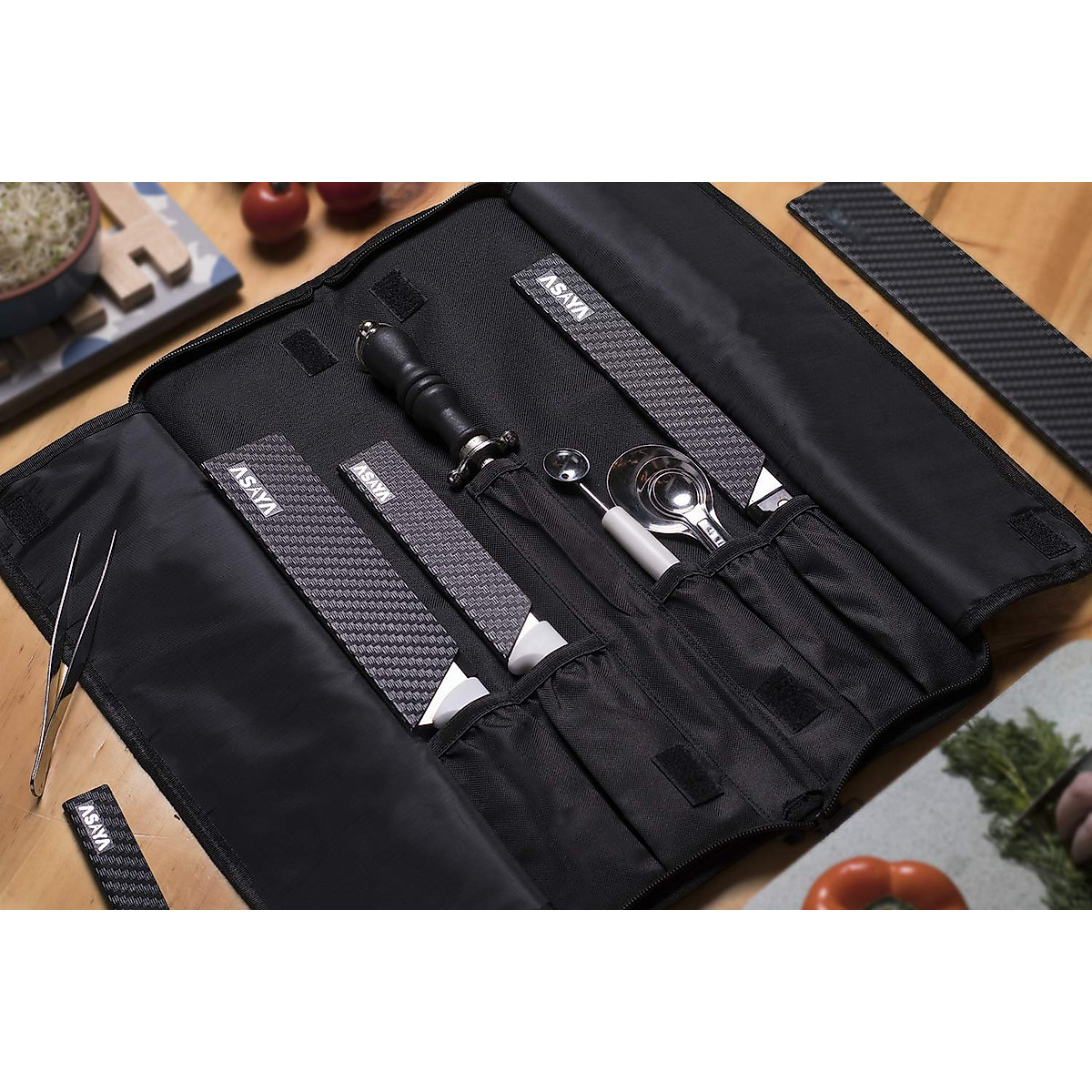 Asaya Chef Knife Roll Bag - 12 Pockets for Knives and Kitchen Utensils - Lightweight, Durable, and Stain Resistant Nylon - Perfect for the Traveling Chef - Knives not Included
