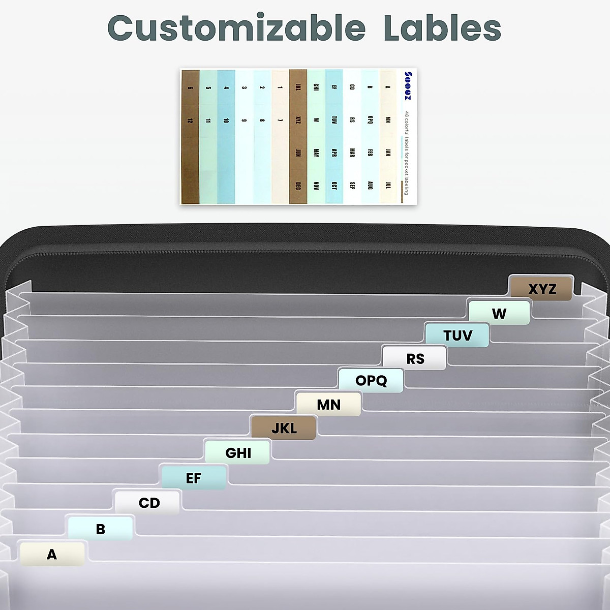 Sooez Heavy Duty Accordian File Organizer with Hidden Handle, 13 Pocket Expanding File Folder with Zipper & Labels, Portable Cloth Document Organizer Accordion File Keeper for Letter Size / A4 Paper
