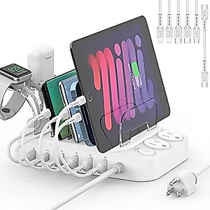 SooPii 70W 6 Port USB Charging Station for Multiple Devices With 2 AC Outlets,4 USB-A Ports and 2 USB C PD Ports,6pcs Mixed Charging Cables Included,Compatible for Tablets,Phones and Other Electronics