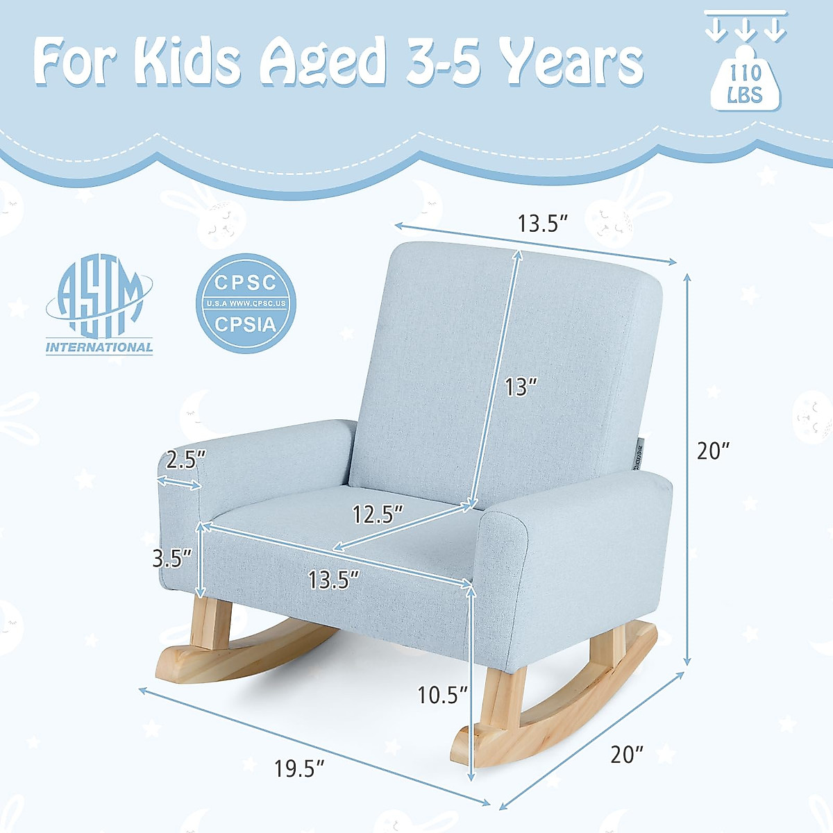 HONEY JOY Toddler Rocking Chair, Kids Rocker Chair with Solid Wood Legs & Linen Fabric, Kids Furniture Sofa w/Anti-Tipping Design, Toddler Couch for Kids Room, Playroom, Nursery, Bedroom (Blue)