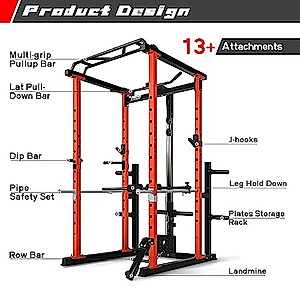 RitFit Power Cage with LAT Pull Down and 360° Landmine, 1000LB Capacity Power Rack Full Home Gym for Weightlifting, Come with J-Cups,Dip Bars and Other Attachments (2023 Version PPC02)-Orange