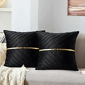 Tosleo Black Velvet Throw Pillow Covers 18 x18 inch Pack of 2 with Gold Leather Decorative Couch Pillow Cover Luxury Modern Pillowcases for Wedding Living Room Bedroom Sofa Cushion Bed