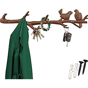 Cast Iron Birds On Branch Hanger Rack with 6 Hooks | Vintage Decorative Cast Iron Wall Mounted Hook Rack | for Coats, Hats, Keys, Towels, Clothes and More | 18.5x2x4.5” (Rust Brown)