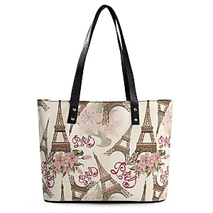 Womens Handbag Eiffel Tower With Flowers Leather Tote Bag Top Handle Satchel Bags For Lady