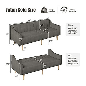 Lonkwa Velvet Futon Sofa Bed Couch, Convertible Sleeper Sofa, 74" Loveseat Futon Couch with Adjustable Backrests, Grey Couches for Living Room Bedroom Apartment