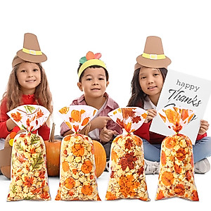 Kistreao Thanksgiving Cellophane Treat Bags Clear Fall Pumpkin Maple Leaf Candy Bags Plastic Goodie Cookie Gift Bags with Twist Ties for Autumn Harvest Thanksgiving Party Supplies 50Pcs (B)