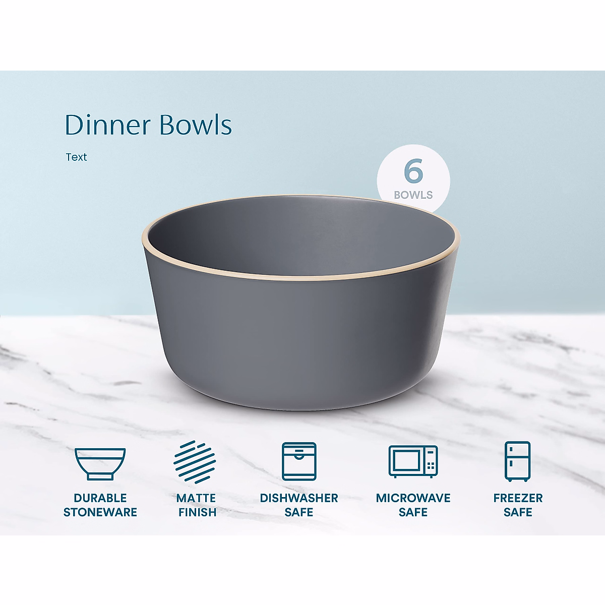 KooK Ceramic Soup Bowls, For Cereal, Rice, Pasta and Dessert, Dishwasher and Microwave Safe, 6 Inch, Stoneware, 25 oz, Set of 6, Grey, Nordic Collection…