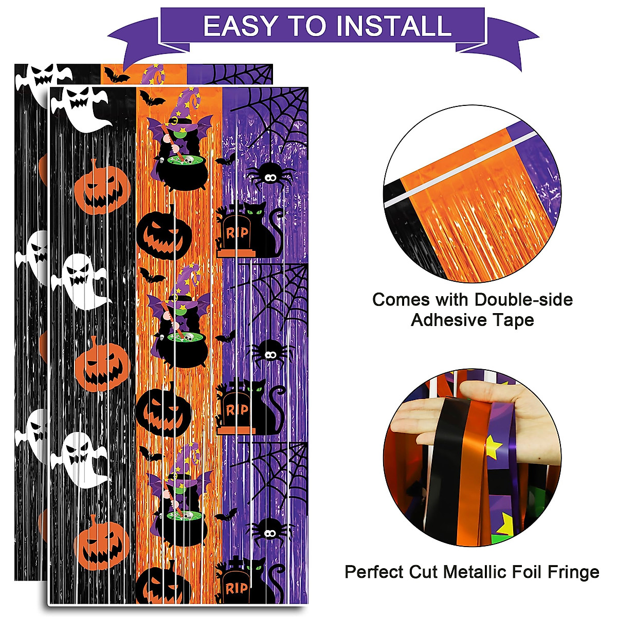 Foil Fringe Curtains Halloween Party Decorations, 2 Pack 3.3 x 6.6 FT Black Orange Purple Tinsel Fringe Curtain Halloween Decor Indoor Photo Backdrop Streamers for Halloween Birthday Party Decorations