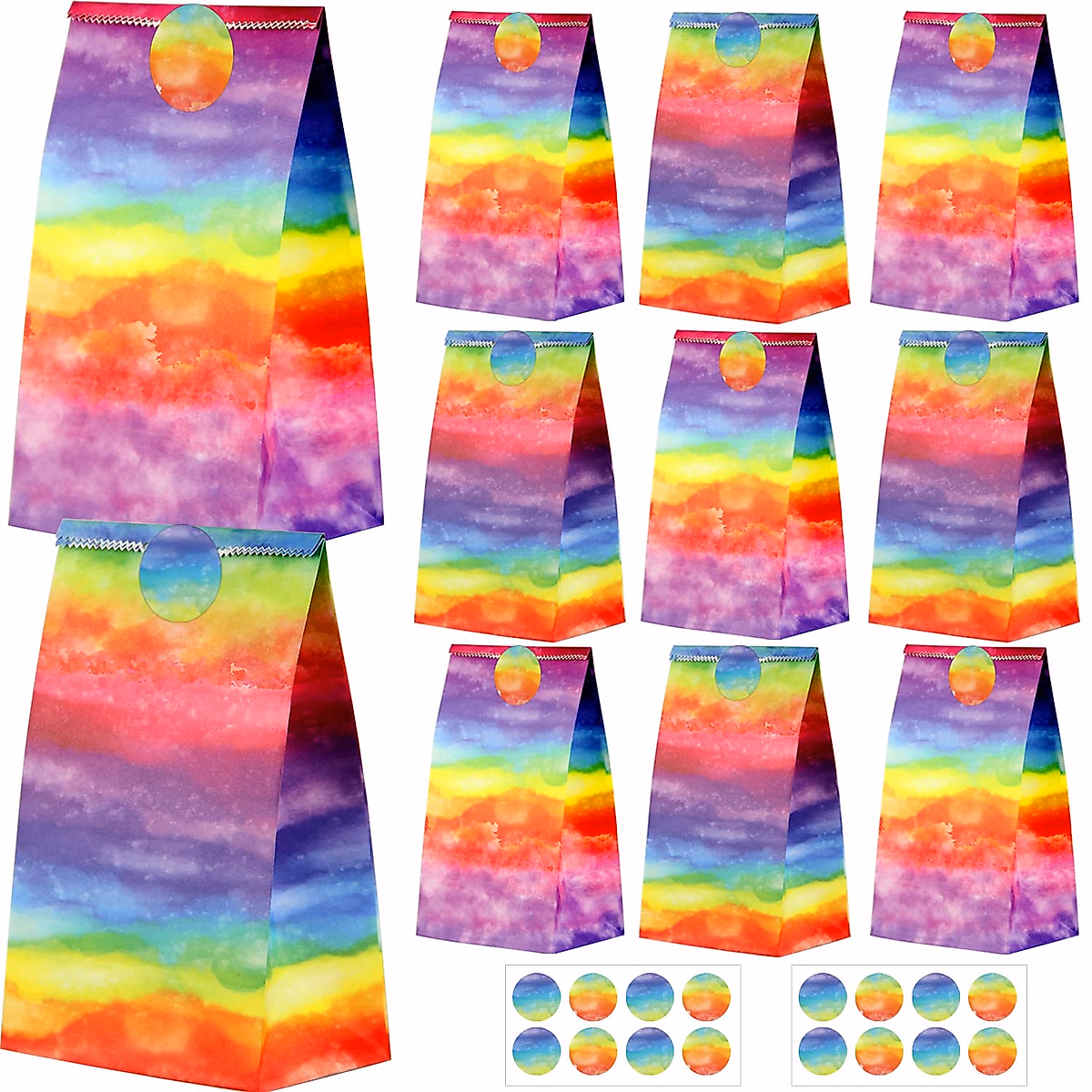 GITMIWS 28 Pcs Tie Dye Gift Bags, Kids Goodie Bags with 28 Pcs Stickers for Birthdays, Baby Showers, Kids Crafts and Activities, May Day, Valentine's Day, Christmas Day, Tie Dye Party Decorations（4.7L x3.2W x8.2H）