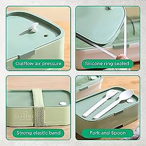 Double-Layer Bento Lunch Box For Adults with Bag | (40oz) Capacity Japanese Lunch Box | Spoon and Fork Set | Sauce Container with Lid | Leak-Proof | Microwave/Dishwasher Safe | Green