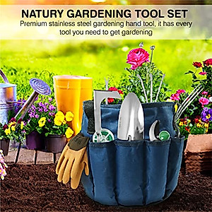 Natury Gardening Tool Set – Premium Stainless Steel Gardening Hand Tools with Solid Beechwood Handle – Gardening Kit with Rake, Shovel, Gloves, Shears, Tool Organizer – Garden Gifts for Women and Men
