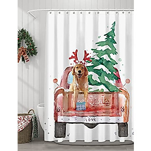 SUMGAR Christmas Shower Curtain for Bathroom Tree Holiday Fabric Cloth Winter Funny Dog Red Truck Shower Curtains Set with Hooks 72 x 72 inch