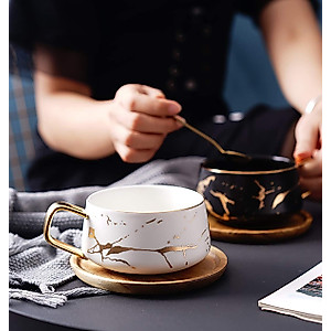 Jusalpha 10 oz Luxury Golden Hand Print Coffee Teacup with Bamboo Saucer Set Fashion Marble Pattern for Women TCS19 (White)