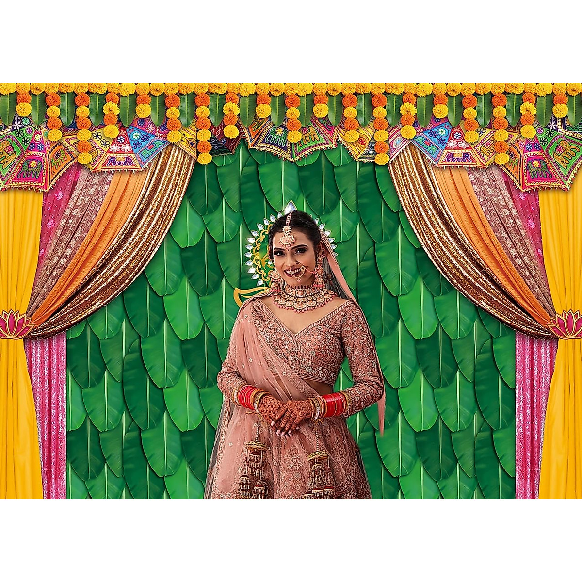 INRUI Indian Pooja Photography Background Green Banana Leaf Curtain Decorations Indian Bridal Shower Wedding Party Photo Backdrop (7x5FT)