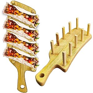 YYRZZ Taco Holders Stand, Natural Bamboo Taco Plates Rack Holds 8 Soft or Hard Shell, Wooden Taco Tray for a Party, Tortillas, Burritos, Home, Parties (2)