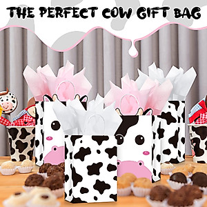 Nezyo 16 Set Cow Party Favors Bag with Tissue Paper and Stickers, Cow Print Gifts Bags with Handles, Farm Themed Goodie Treat Candy Kraft Paper Bags for Kids Cow Farm Animals Birthday Party Supplies