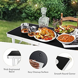 COSTWAY Folding Picnic Camping Table, Portable Lightweight Aluminum Table with Carry Bag, Food Prep Station with 2 Shelves, Quick Set-up, Outdoor Camping Table for BBQ, Party, Backyard (Black)