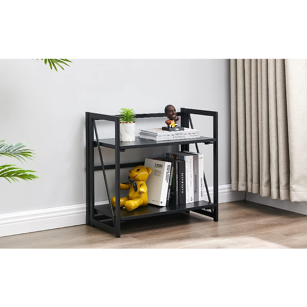 FurnitureR Folding Bookshelf 2 Tiers Bookcase Multifunctional Plant Flower Stand No Assembly Shoe Rack Stackable Shoe Shelf Storage Organizer for Entryway Hallway Closet, 23.6 X 11.8 X 19.6 Inches