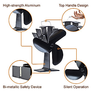 HAWCAFU Wood Stove Fan Heat Powered Fireplace Fan 3 Blades Stove Fan for Log Burner/Wood burning Stove/Fireplace