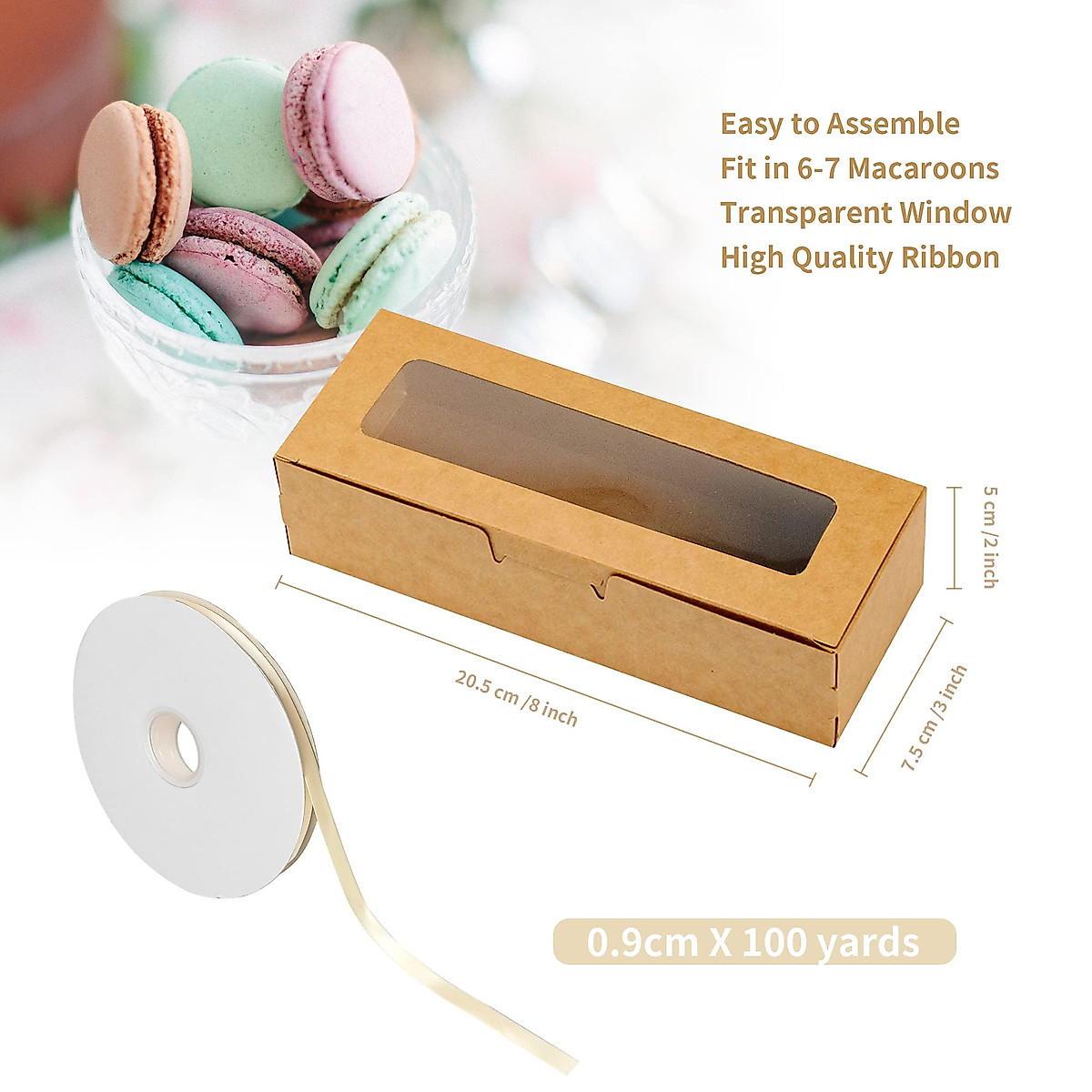 KEJJNYER 50 Pack Kraft Mcaron Boxes for 6, 8x3x2 in Chocolate Covered Strawberry Boxes with Window Mcaron Bakery Cookie Containers for Party Wedding with Ribbon