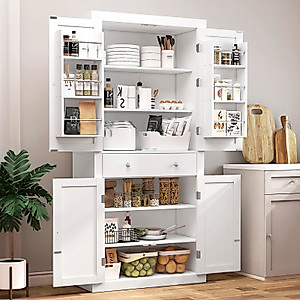 usikey 72” Kitchen Pantry Cabinet, Tall Storage Cabinet with 4 Doors and 1 Drawer, Cupboard with 6 Hanging Shelves and Adjustable Shelves for Kitchen, Dining Room, Living Room, White