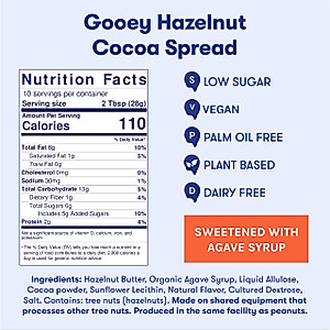 Gooey Hazelnut Cocoa Spread, Better-for-you Nutty Spread that is Gluten Free, Dairy Free, Plant Based & Vegan. Healthy Snack with No Palm Oil, Hazelnut Chocolate Spread, 10 oz Jar