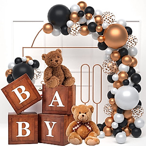 Wood Baby Shower Boxes Party Decorations - 4 Wood Grain Brown Blocks with Printed BABY Letters, Gender Reveal Backdrop,Teddy Bear Baby Shower Supplies, First Birthday Centerpiece Decor