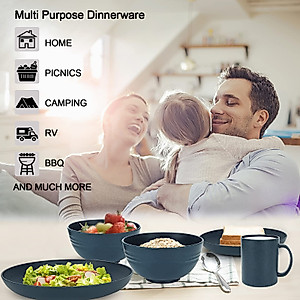 Kitdoyo Wheat Straw Dinnerware Sets - Camping Dishes Set for 4 - Unbreakable Kids Plastic Dinnerware Set - Plastic Plates and Bowls Set - Cereal Bowl - College Dorm Room Essentials