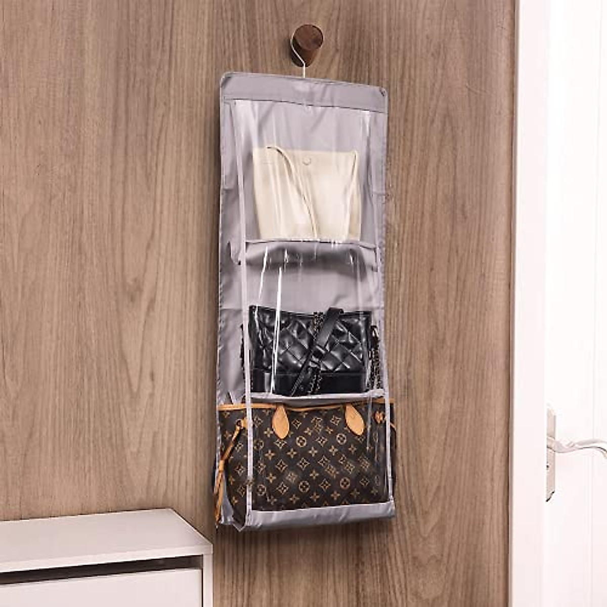 Vercord Hanging Purse Organinzer Handbag Tote Hanger Closet Dustproof Storage Bag with Six Pockets Light Gray