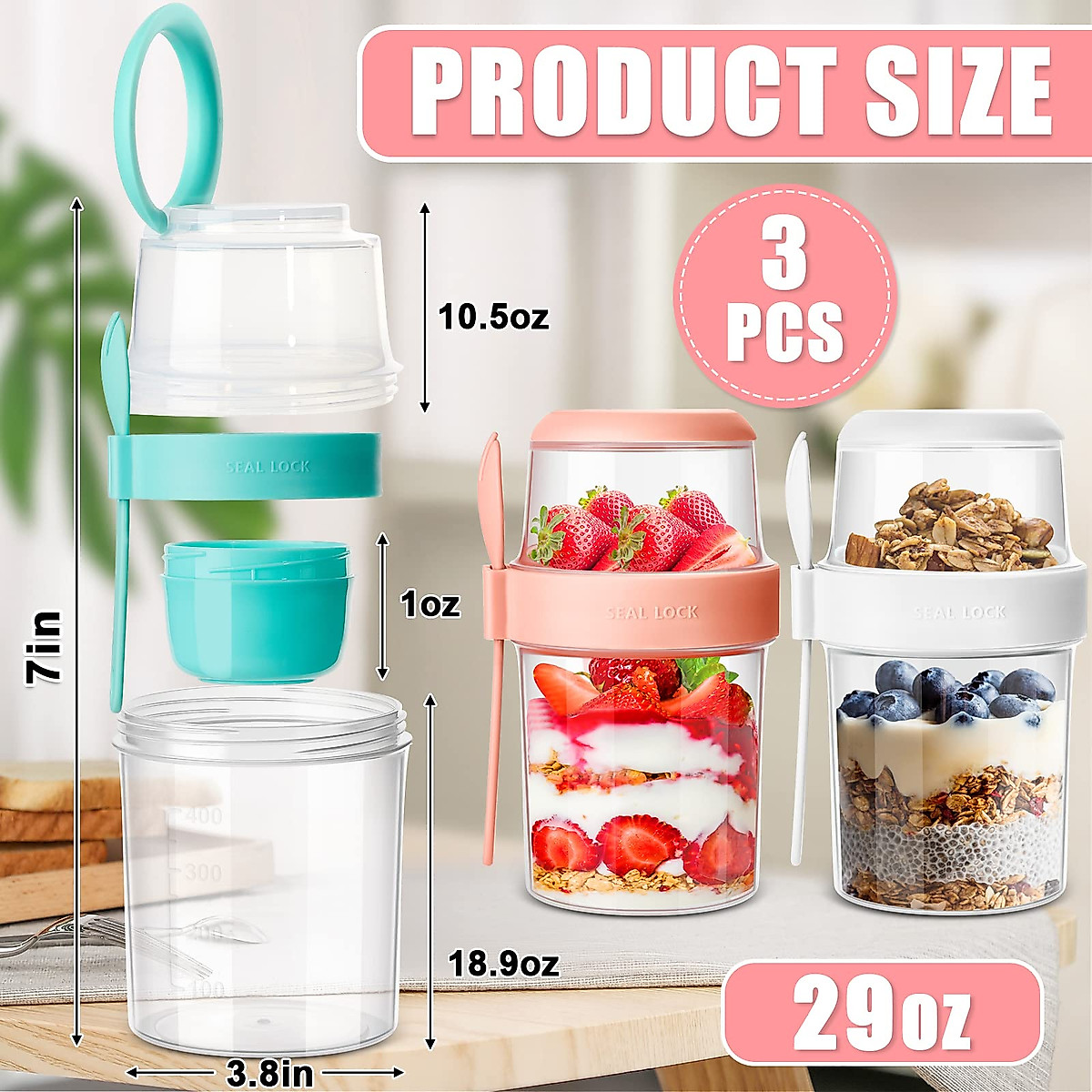 Nuenen 3 Pack 29 oz Cereal Cups Breakfast Cereal and Milk Container Portable Take and Go Cup Reusable Overnight Oats Container 2 Tier Oats Jars with Lid Fork Leak Proof Yogurt Oatmeal Salad Cup