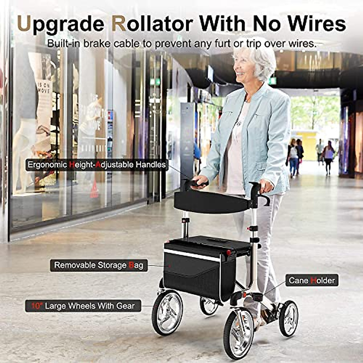 Healconnex Luxury Rollator Walkers for Seniors-Bulit-in Cable Rollator Walker with Seat, 10"Large Wheels,Aluminium Lightweight Senior Walker with Soft Rubber Handle,Padded Seat and Backrest