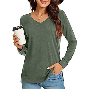TAOHUADAO Women's 2024 Fall Casual Long Sleeve T-Shirt Side Split Tunic Tops for Leggings Loose V-Neck Sweater Christmas X-Large, Drak Green