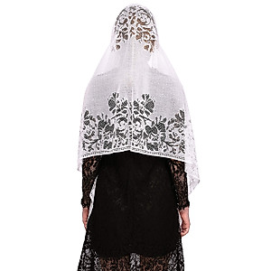 PAMOR Chapel Veil Scarf Mantilla Veils Rectangular Wrap Shawl Mass Head Covering with Fringe Trim (White)