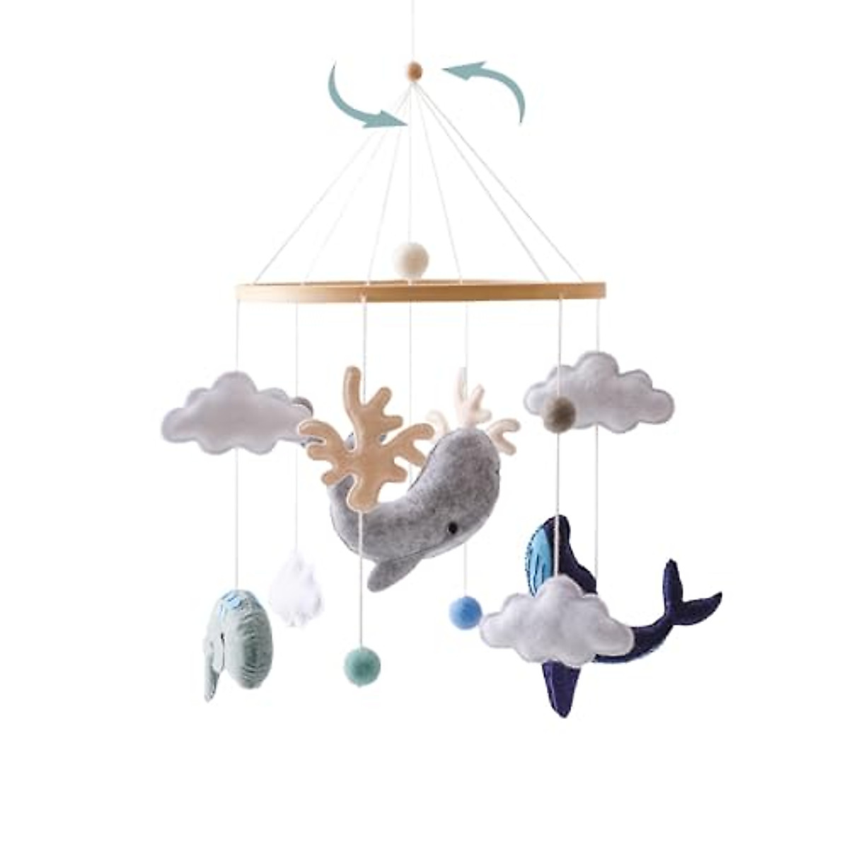 Montessori Baby Mobile for Crib | Ocean Animals Crib Mobile | Woodland Nursery Decor Soothe Toys for Ceiling Hanging | Felt Ball Sea Blue Whale, White Clouds | Baby Shower for Boys Girls Gifts