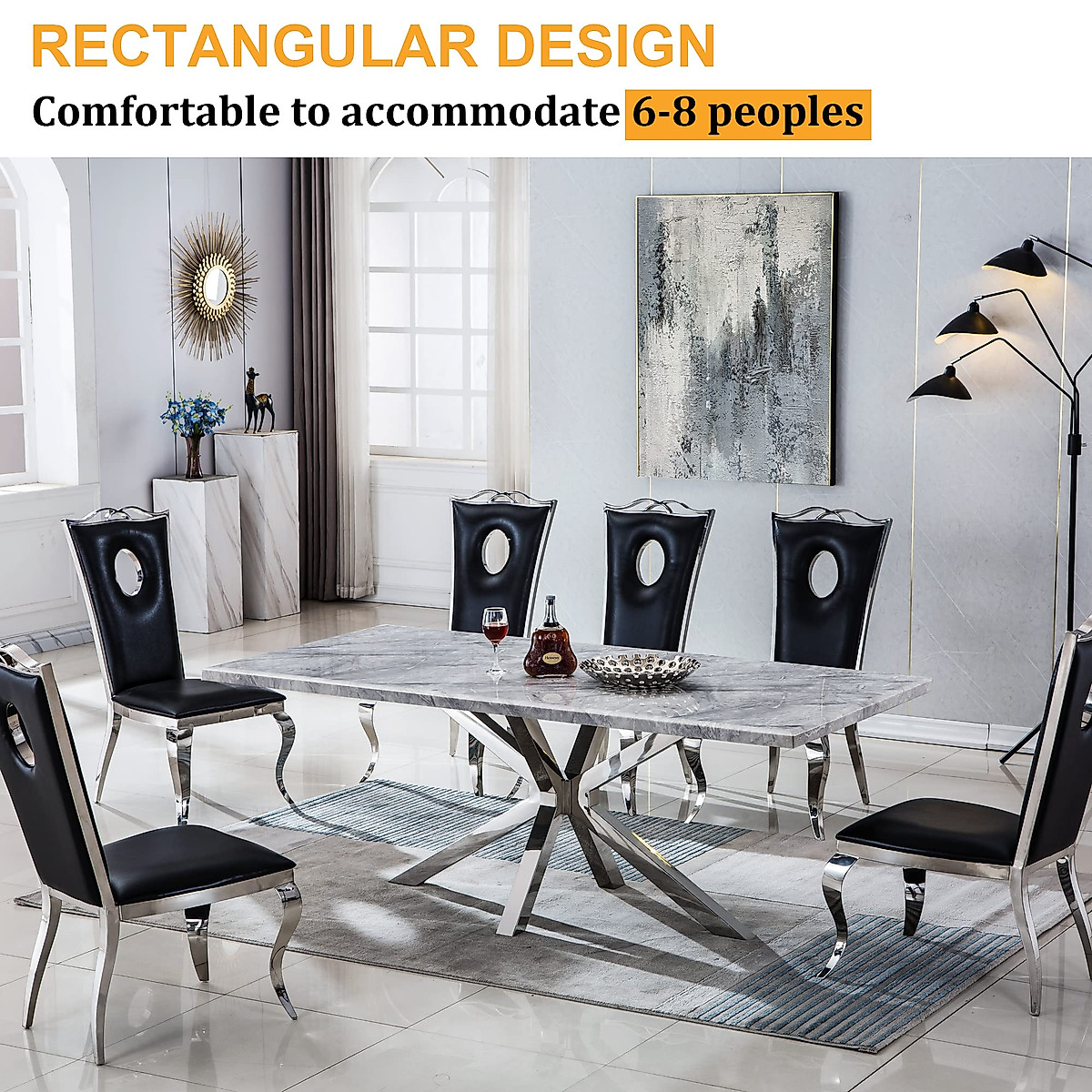 Pvillez Grey Marble Dining Table for 8-10 Person, 78" Rectangle Marble Top Dining Table with Gloss Silver Stainless Steel Pedestal Base, Mid Century Modern Dining Table for Kitchen Dining Room Dinner