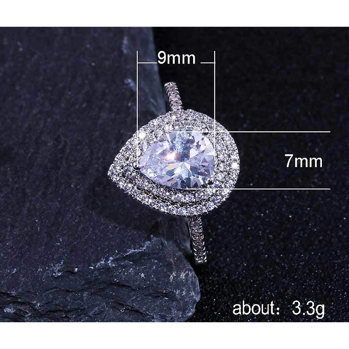 Yaya 925 Silver Classic Bridal Double Layer Drop-Shaped Zircon Ring Teardrop Halo Pear Cut Cubic Zirconia CZ Engagement Wedding Ring for Women (9#)