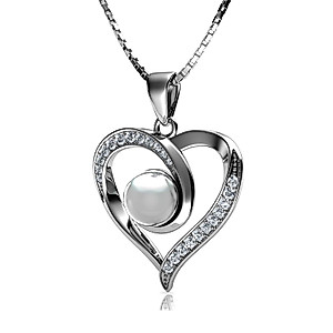 DEPHINI - Real Pearl Necklace Woman Heart Pendant Cubic Zirconia 925 Sterling Silver Rhodium plating 45cm Sterling Silver Chain Fine Jewellery Box - Gifts for Women