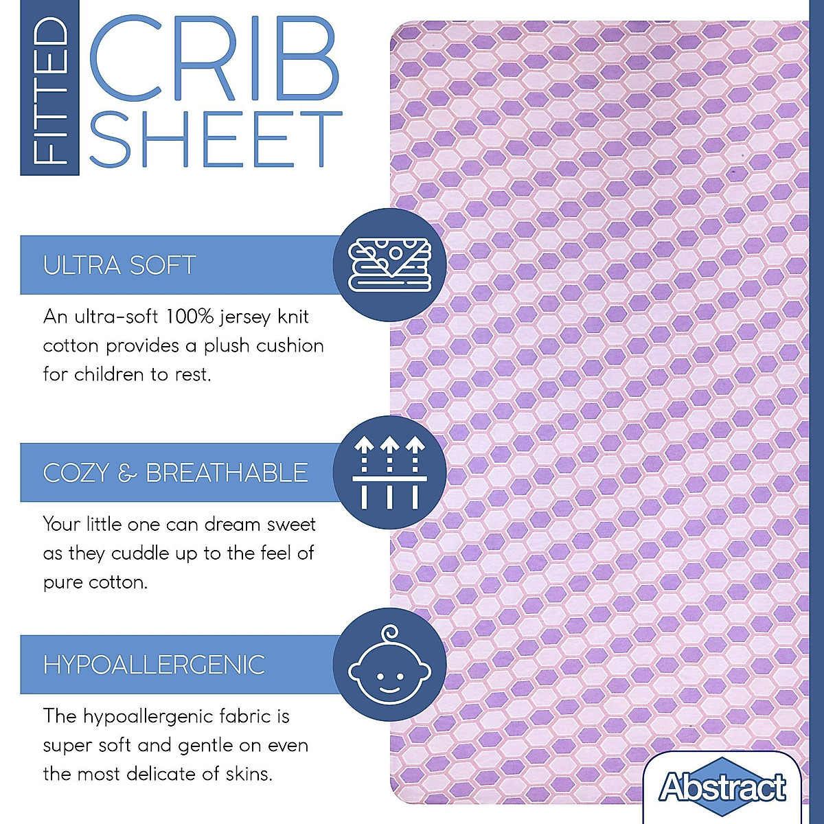 Fitted Crib Sheets for Portable Crib – Super Soft, 100% Jersey Cotton – 24” x 38” – for Boys and Girls, Fits Mini Mattresses - Covered Elastic Hem – Lavender Honeycomb– by Abstract