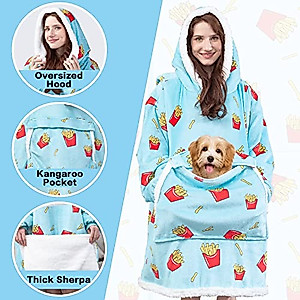 yescool Wearable Blanket Hoodie for Adult, Oversized Hoodies Sweatshirt for Women Packable Blanket Cozy Sherpa Blanket with Giant Hood Sleeves, Soft Fuzzy Big Hooded Blanket Men Gifts (Fries, Blue)