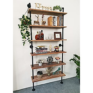 Anynice 6 Tier Industrial Ladder Pipe Shelf Bookcase, Rustic Wall Mounted Pipe Bookshelves for Decor and Storage