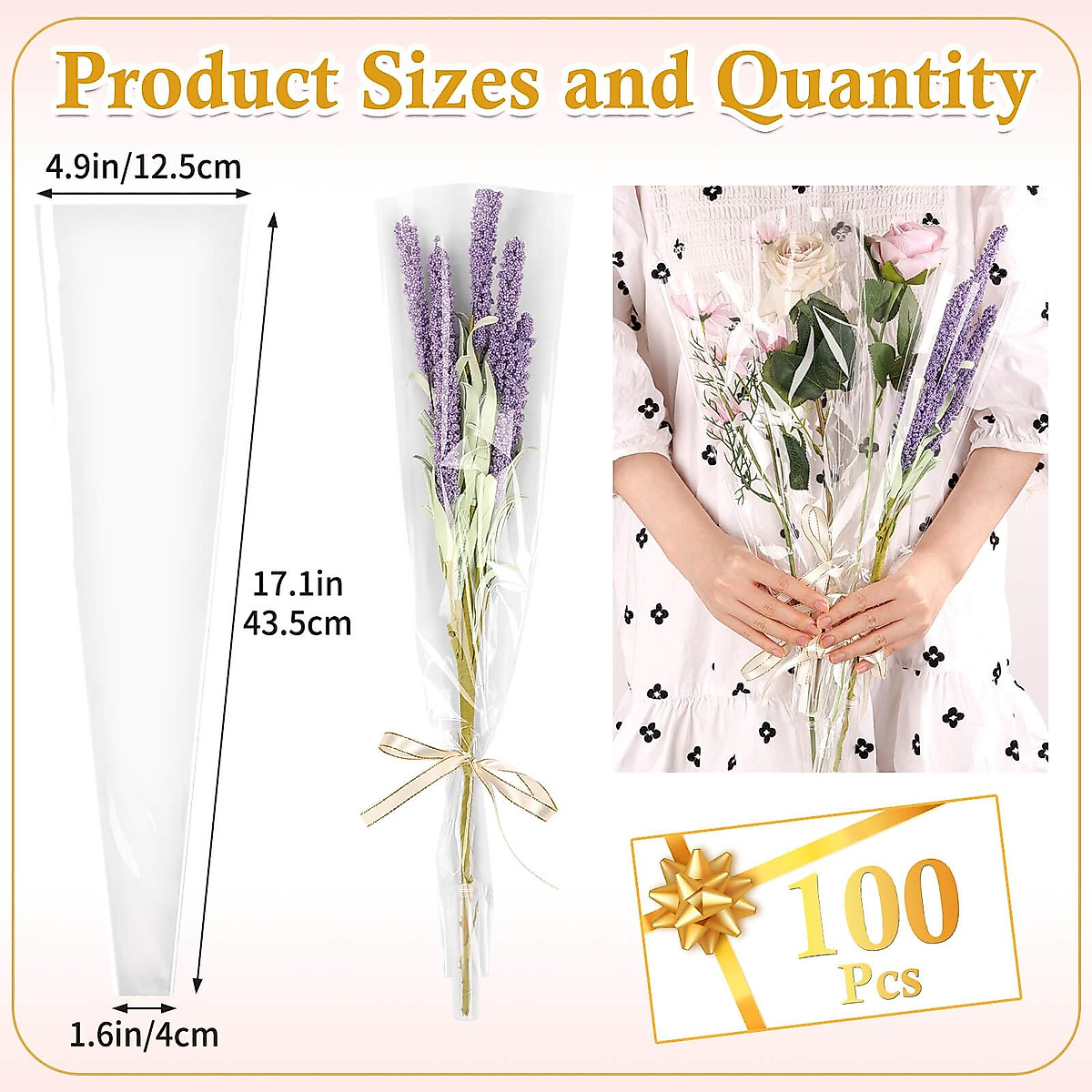 cridoz 100 Pcs Single Rose Sleeve with 100 Pcs Floral Water Tubes for Bouquets, Single Flower Sleeve Flower Wrapping Bags Flower Water Tubes for Mother's Day Graduation Party(Transparent)