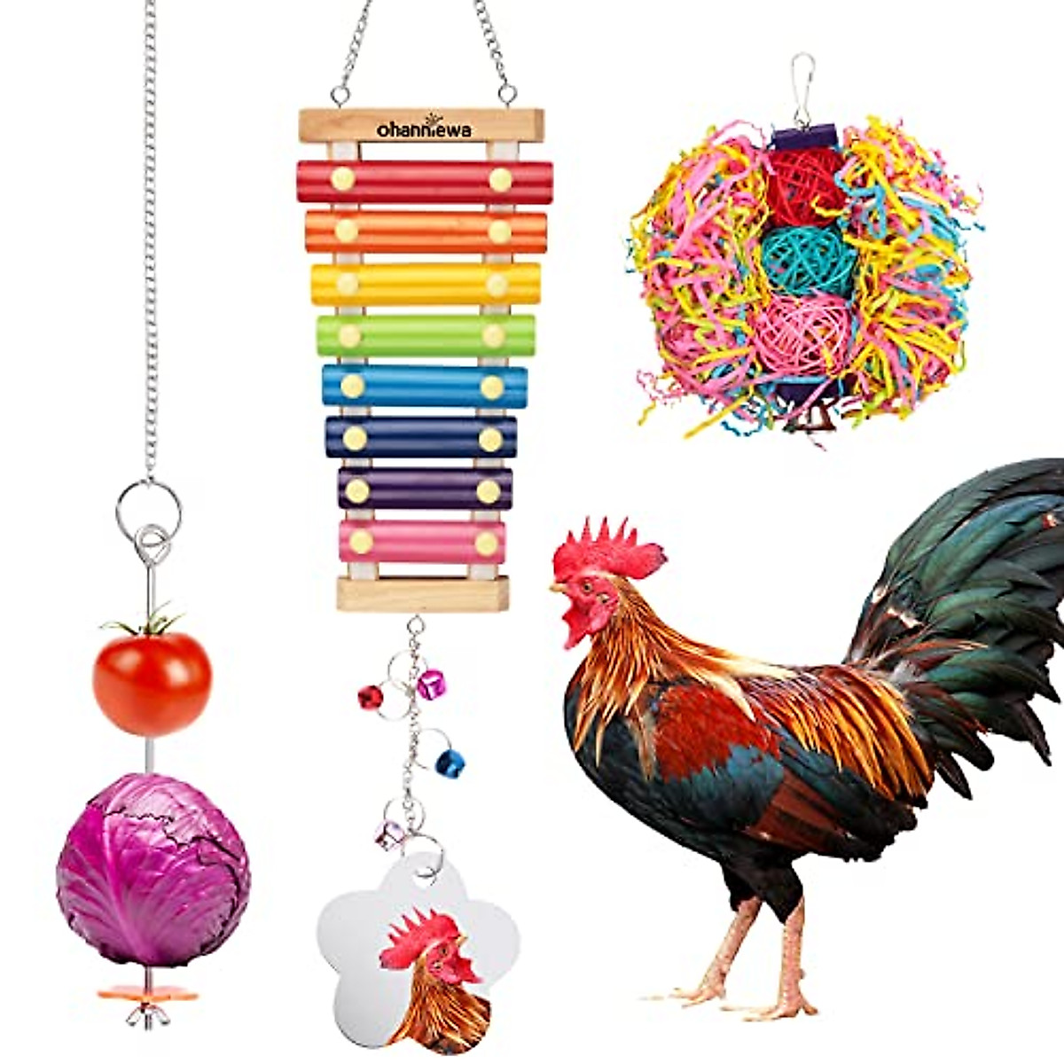 Ohanniewa Chicken Toys for Hens Chicken Xylophone Toy Chicken Mirror and Shredding Foraging Toys for Coop