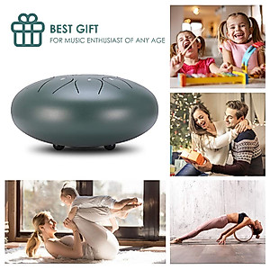 Tongue Drum, 12 Inch 11Notes Steel Tongue Drum Percussion instrument with Drum Mallets Carry Bag, 2 Drumsticks And Textbook (Green)