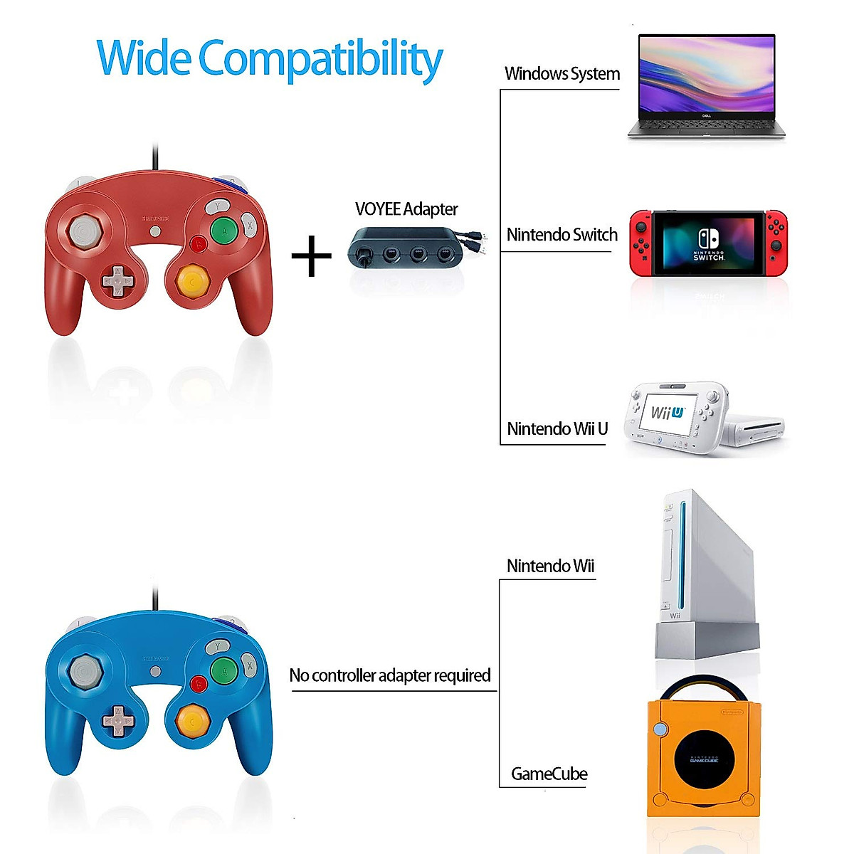 VOYEE GC Controller - 2 Pack Classic Wired Controllers Gamepad Replacement for Nintendo Wii Gamecube (Blue & Red)